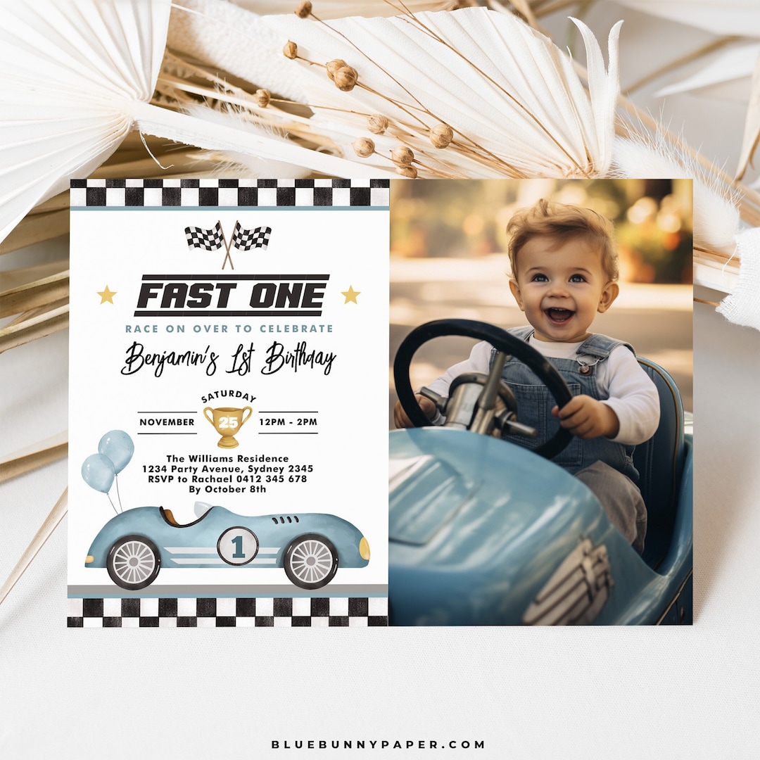 Editable Fast One 1st Birthday Invitation Racing Car Boy First Birthday ...