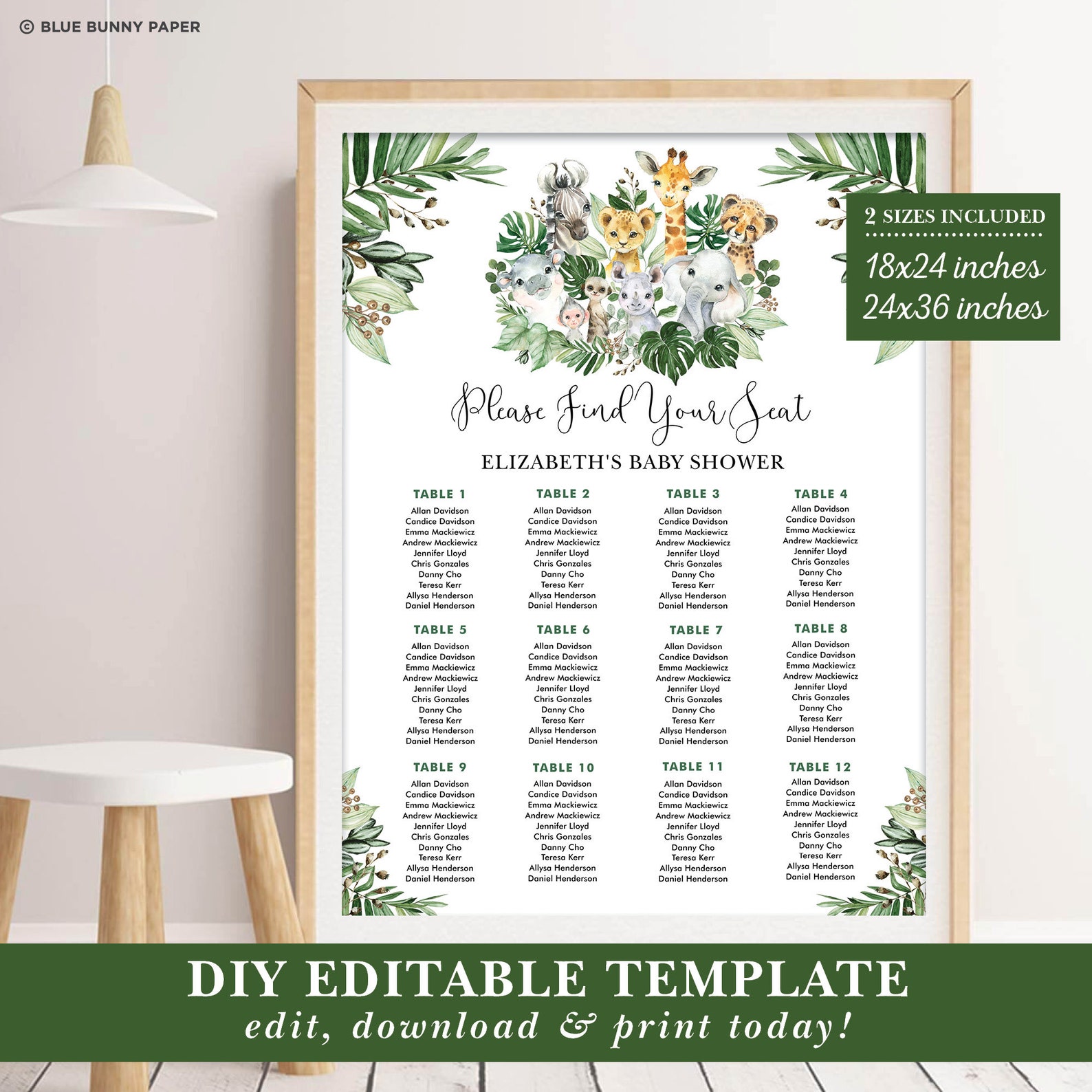 Tropical Safari Animals Seating Chart Template Jungle Baby - Etsy