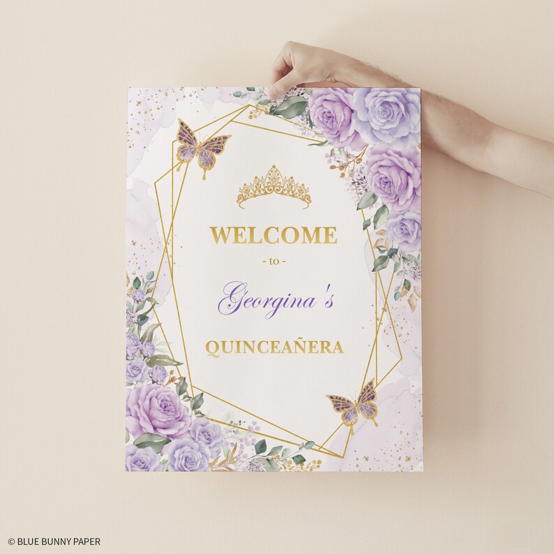 Lilac Quinceanera Welcome Sign Purple Gold Mis Quince 15 Anos Editable ...