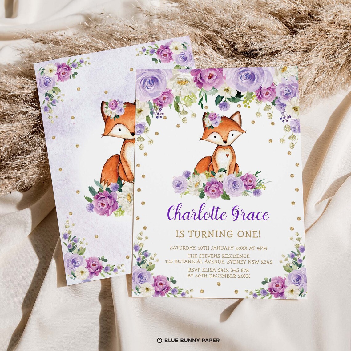 Editable Fox Birthday Invitation, Purple Floral Woodland Fox Party ...