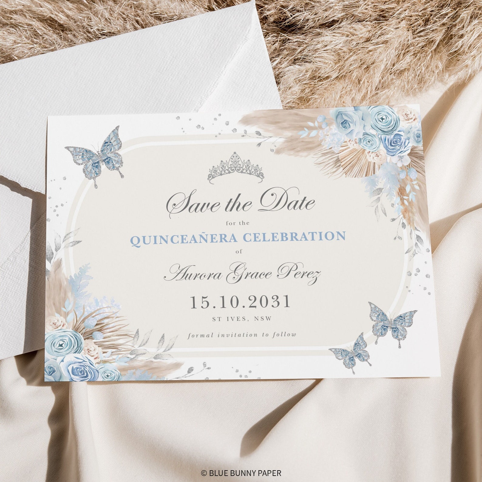 Boho Quinceañera Save the Date Template Blue Silver Floral Butterflies ...