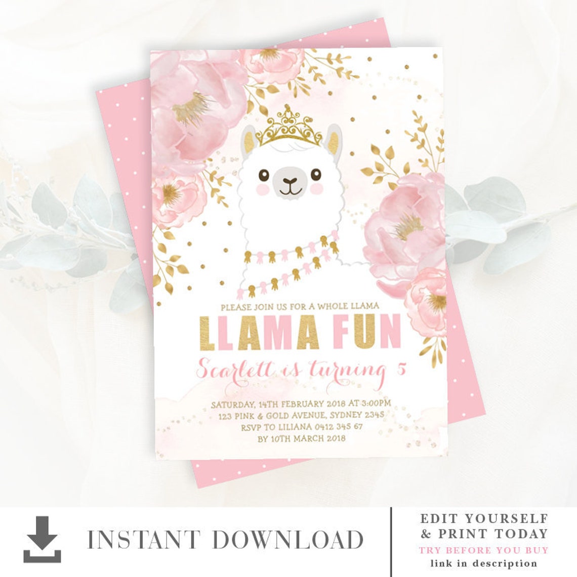EDITABLE Princess Llama Birthday Invitation. Fiesta Pink Gold ...