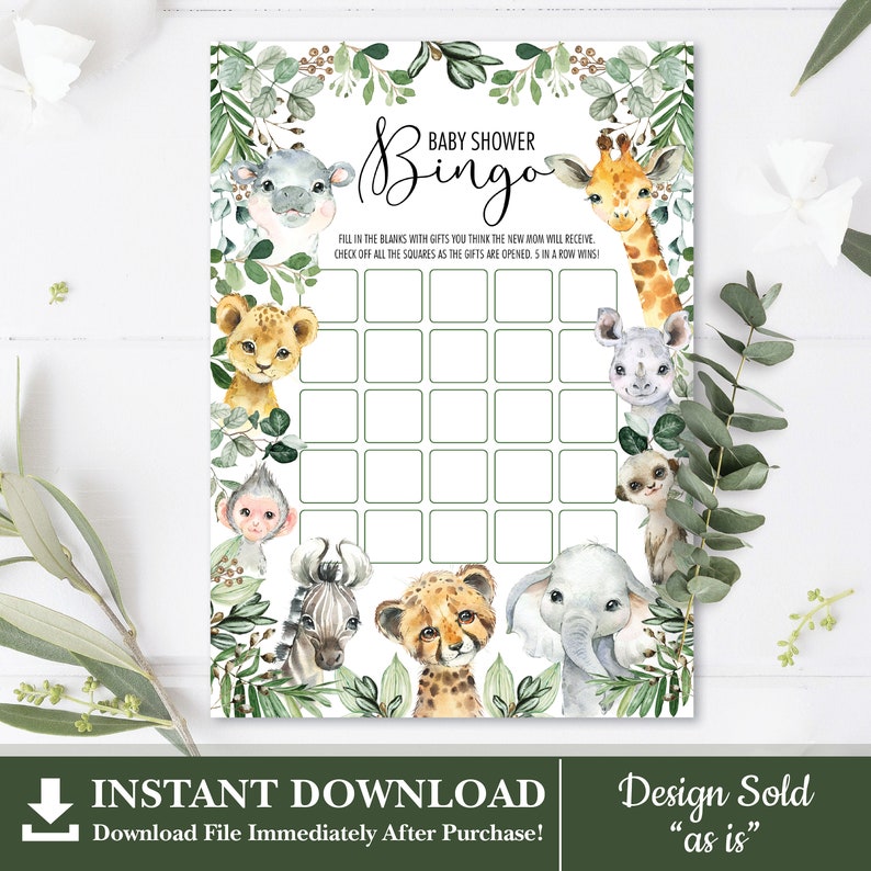 Greenery Safari Baby Shower Bingo Game. Jungle Wild Animals Printable ...