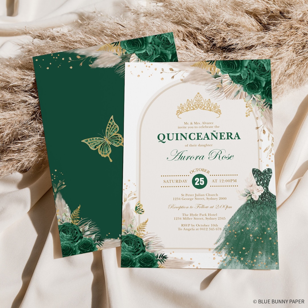 Emerald Green Quinceanera Invitation Template, Mis Quince 15 Anos ...