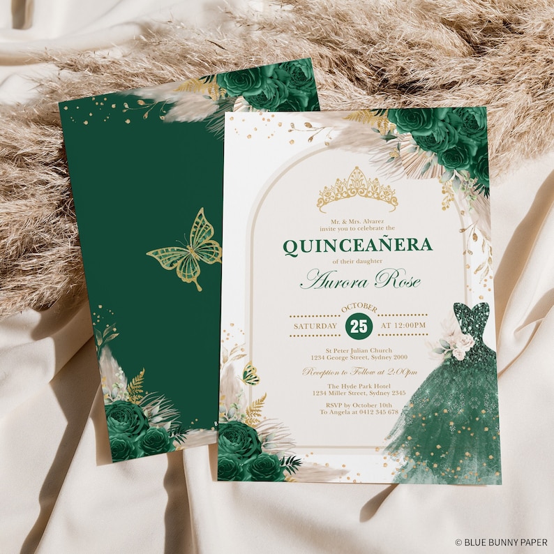 Emerald Green Quinceanera Invitation Template Mis Quince 15 - Etsy