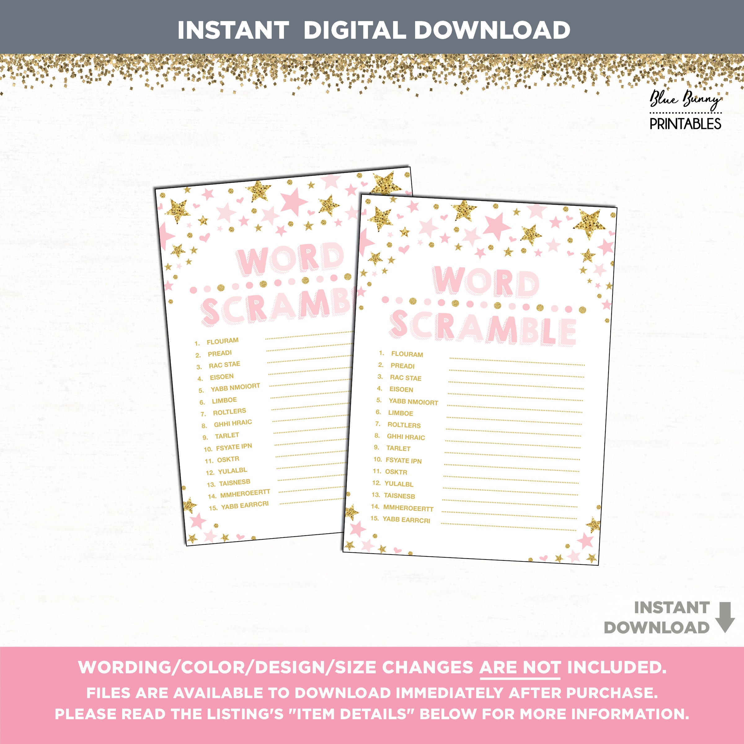 WORD SCRAMBLE Baby Shower Game. Pink and Gold Glitter Twinkle Little ...