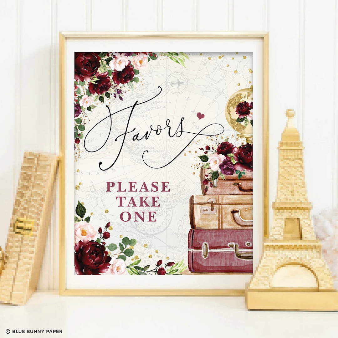 Favors Sign Travel Bridal Shower Vintage Suitcase Destination Wedding