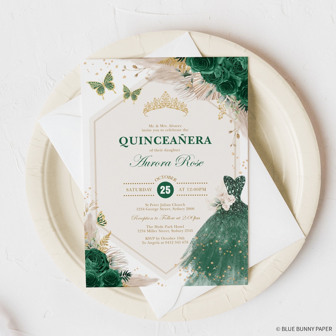 Emerald Gold Quinceanera Invitation, Boho Green Flower Mis Quince Anos ...