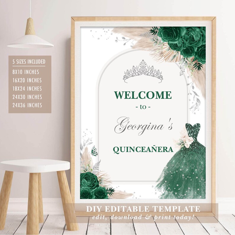 Editable Quinceañera Welcome Sign Template - Emerald Green Dress ...
