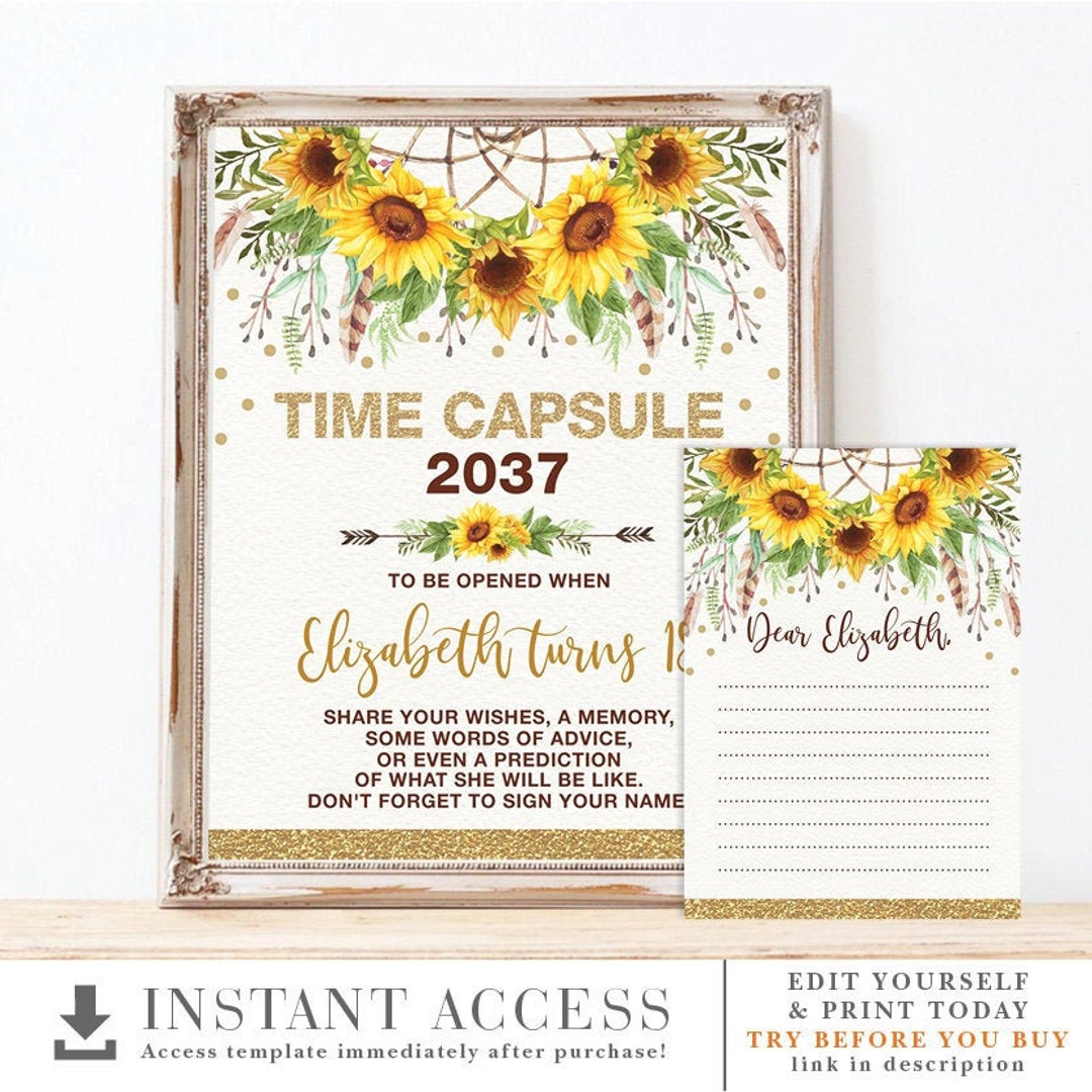 Rustic Sunflower Time Capsule. Boho Dreamcatcher Yellow Floral 1st ...