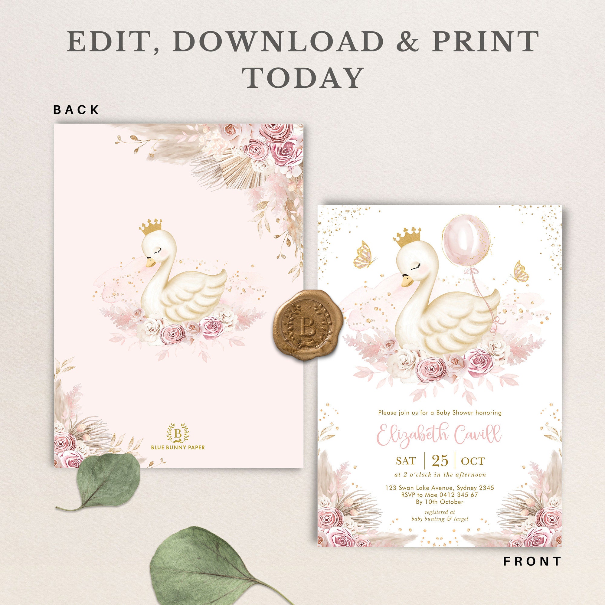 Boho Swan Princess Baby Shower Invitation Template Pink Gold Swan With ...