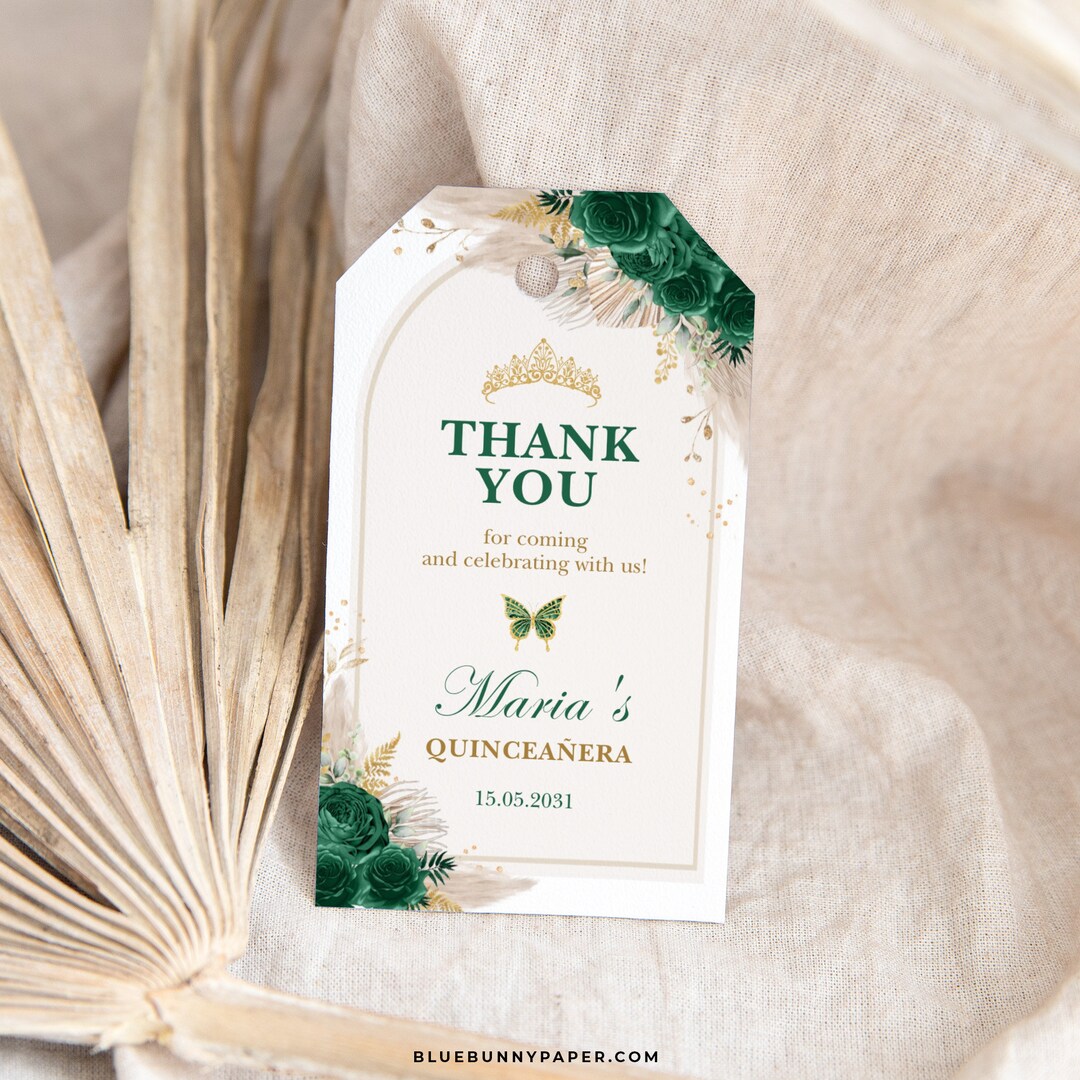 Editable Quinceanera Favor Tag Emerald Green Floral Mis Quince 15 Anos ...