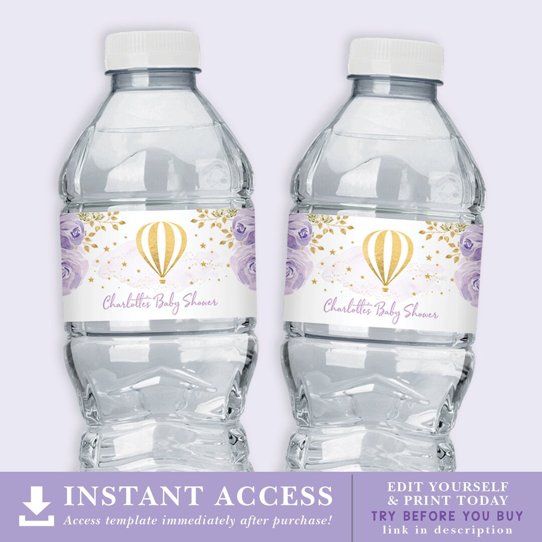 EDITABLE Hot Air Balloon Water Bottle Labels. Lavender Gold Floral Baby ...