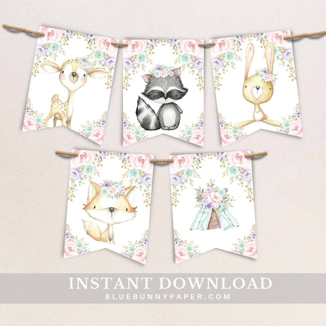 Boho Woodland Animals Printable Banner Pink Purple Floral - Etsy