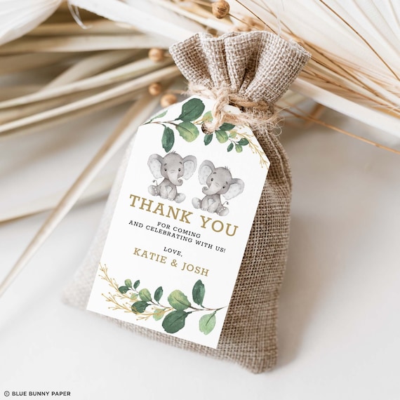 Elephant Twins Favor Tag Template, Greenery Gold Baby Shower, Wild ...