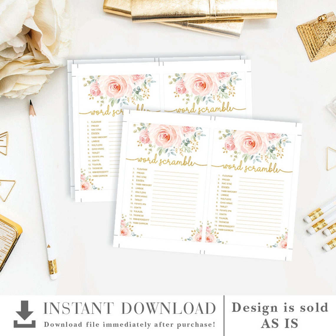 Pink Gold Baby Shower Game. Word Scramble Watercolor Blush Pink Flower ...