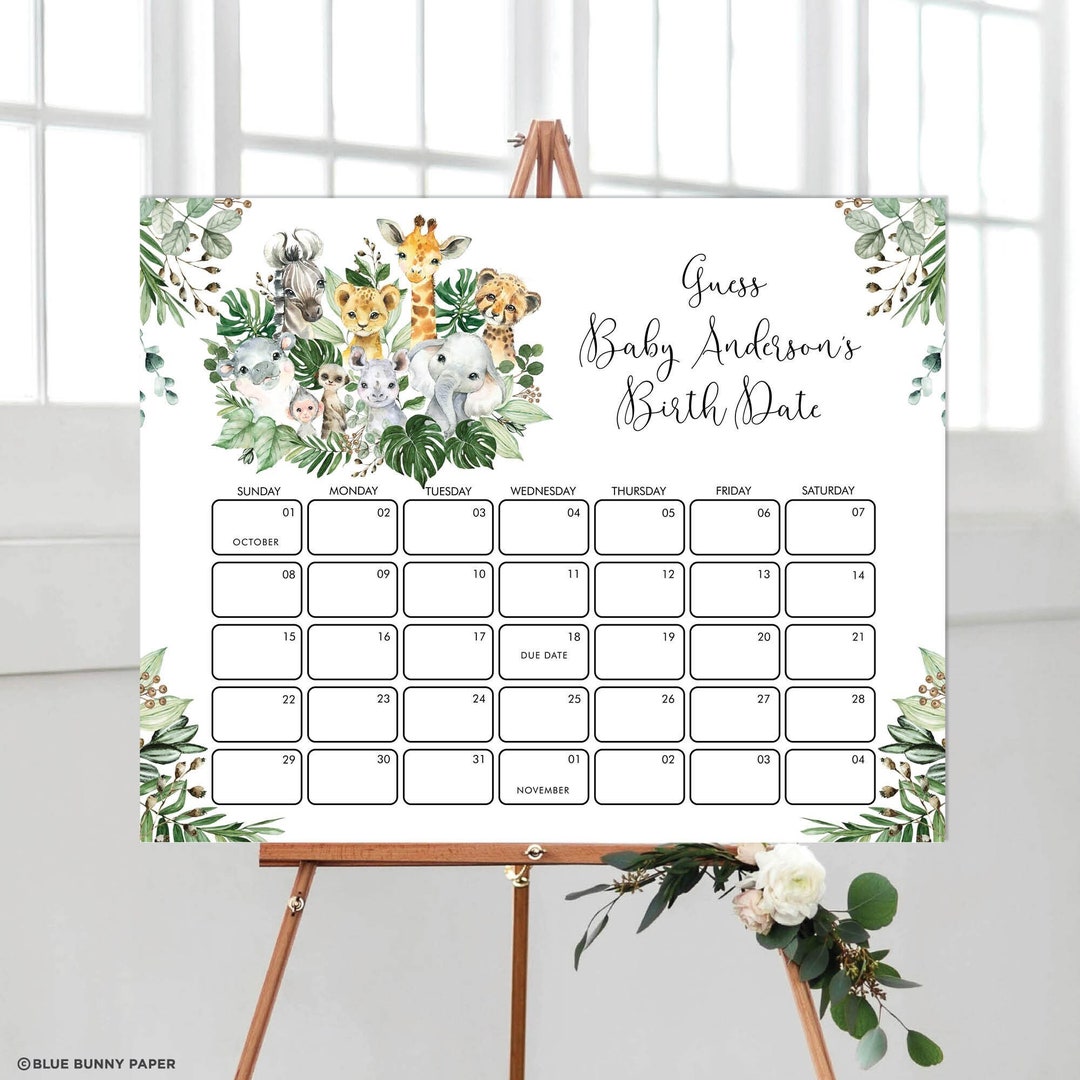 EDITABLE Jungle Baby Due Date Calendar, Safari Wild Animals Guess Baby ...