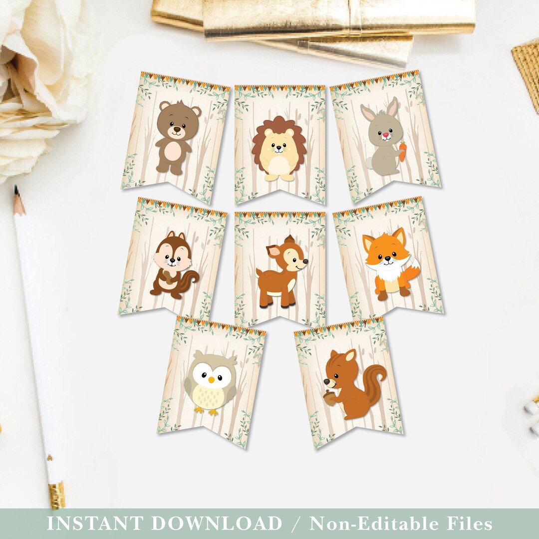 Rustic Woodland Animals Printable Banner, Greenery Forest 1st Birthday ...