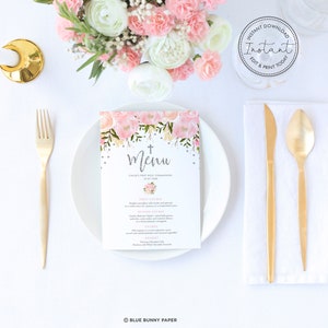 Pink Silver Floral EDITABLE Menu Template. Blush Flowers Printable Menu ...