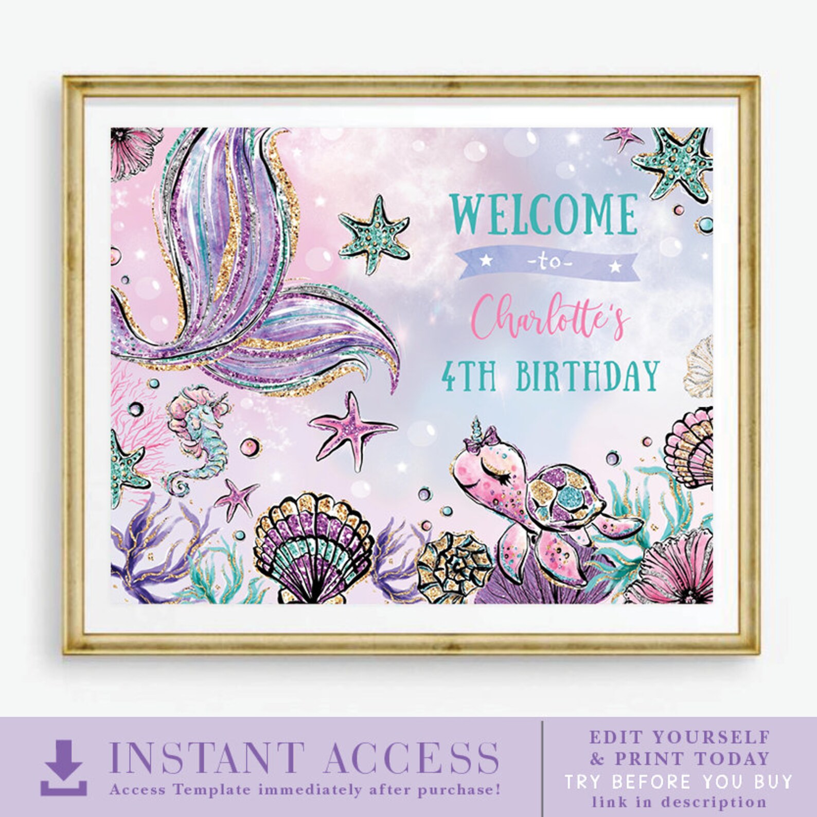 EDITABLE Mermaid Birthday Welcome Sign. Under the Sea Printable ...
