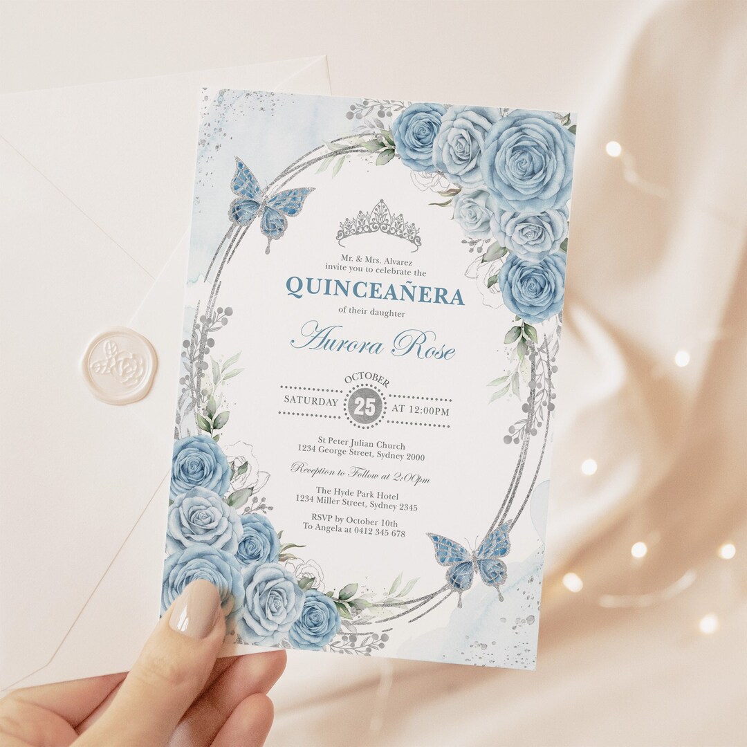 Dusty Blue Silver Quinceañera Invitation, Butterfly Quincenera Crown ...