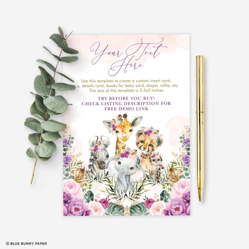 EDITABLE Girl Jungle Insert Card Template Tropical Safari - Etsy