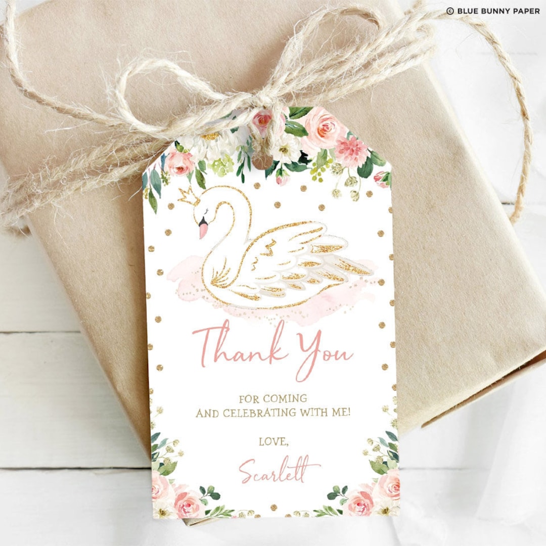 EDITABLE Swan Favor Tag Template, Blush Gold Floral Baby Shower Gift ...
