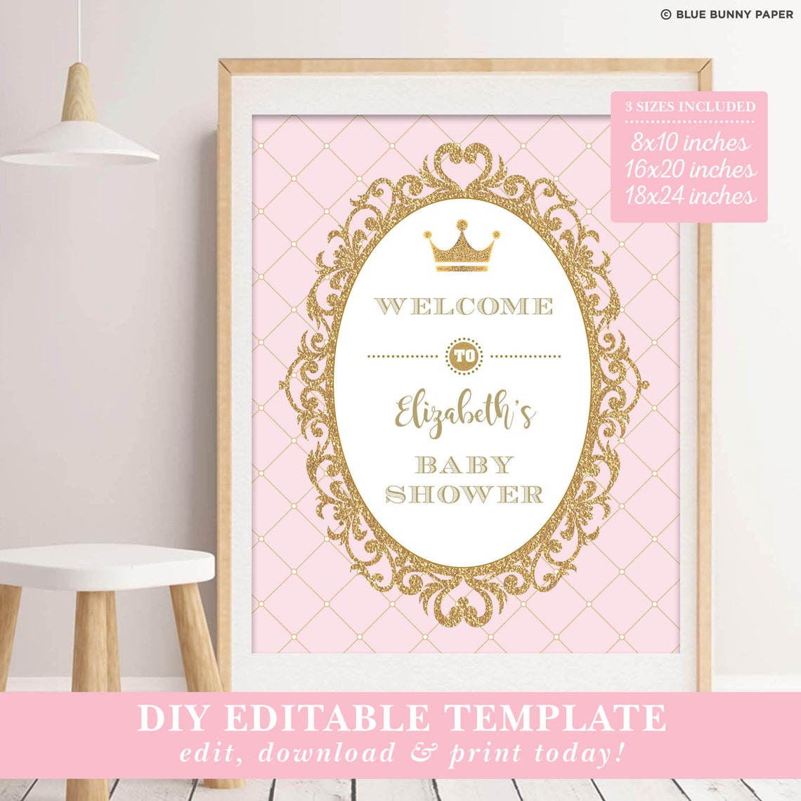 EDITABLE Princess Baby Shower Welcome Sign Crown Princess - Etsy