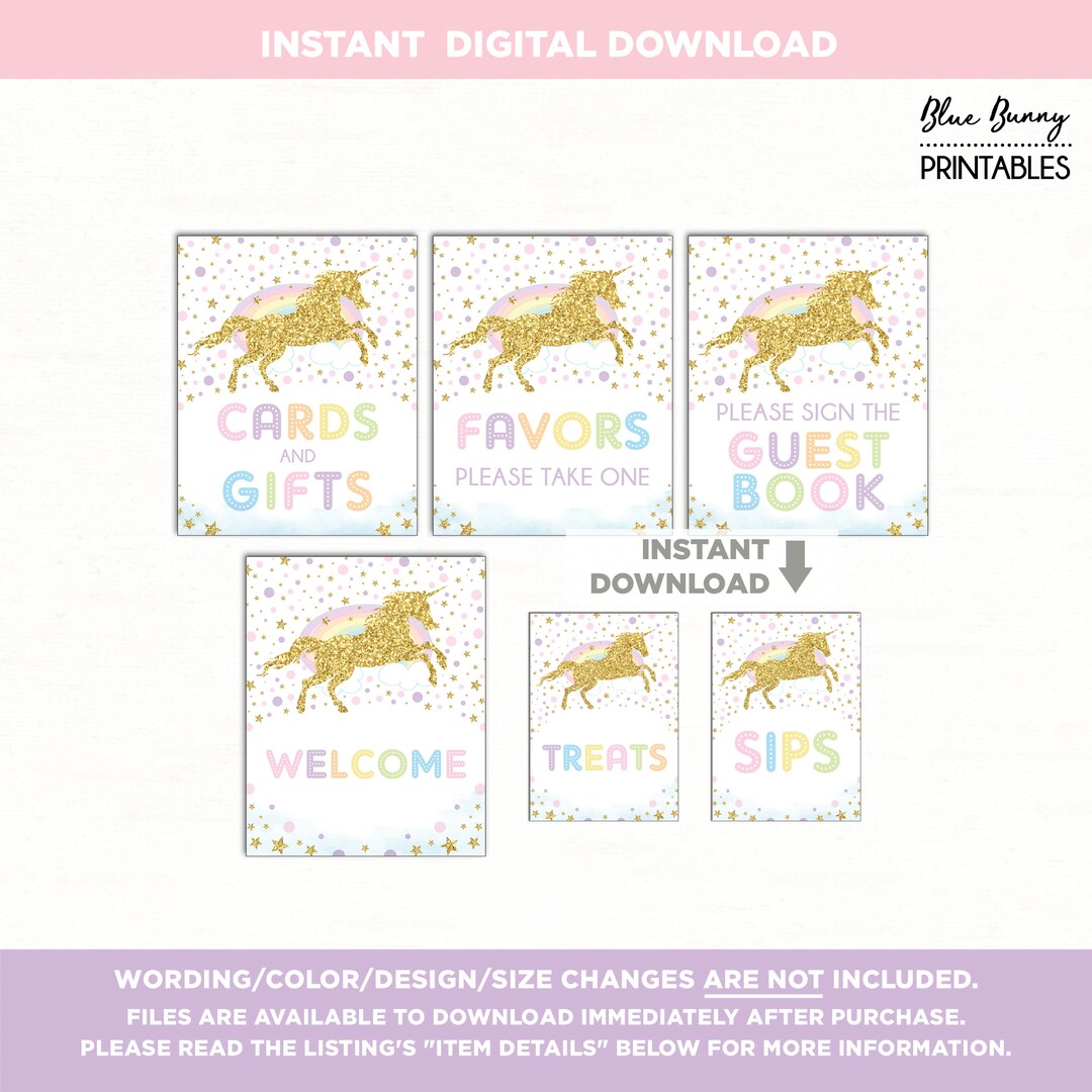 Rainbow Unicorn Birthday Table Signs. 6 Signs. Pink Gold Confetti Baby ...