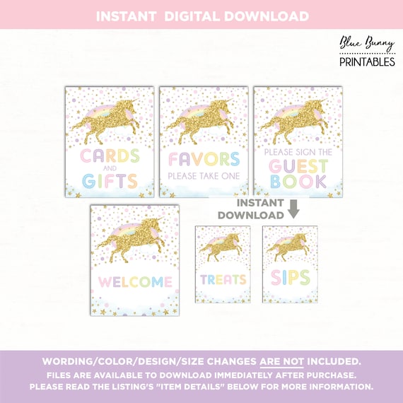 Rainbow Unicorn Birthday Table Signs. 6 Signs. Pink Gold Confetti Baby ...