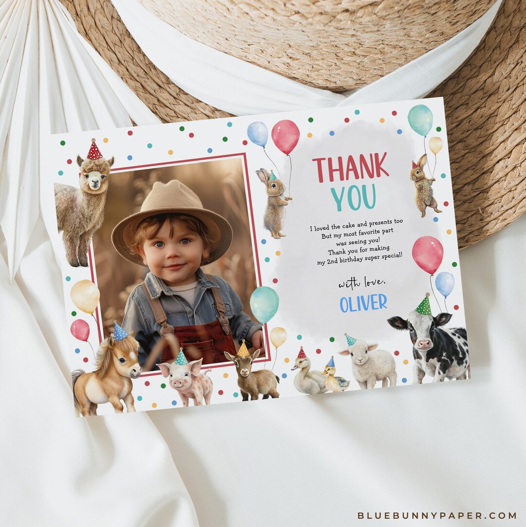 Farm Boy Birthday Thank You Card Farm Animals Birthday Party Favors ...