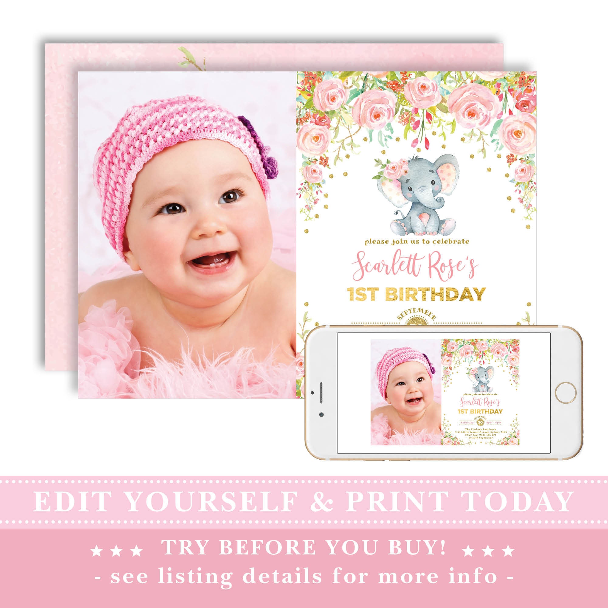 EDITABLE Elephant Birthday Invitation Pink Floral Elephant | Etsy