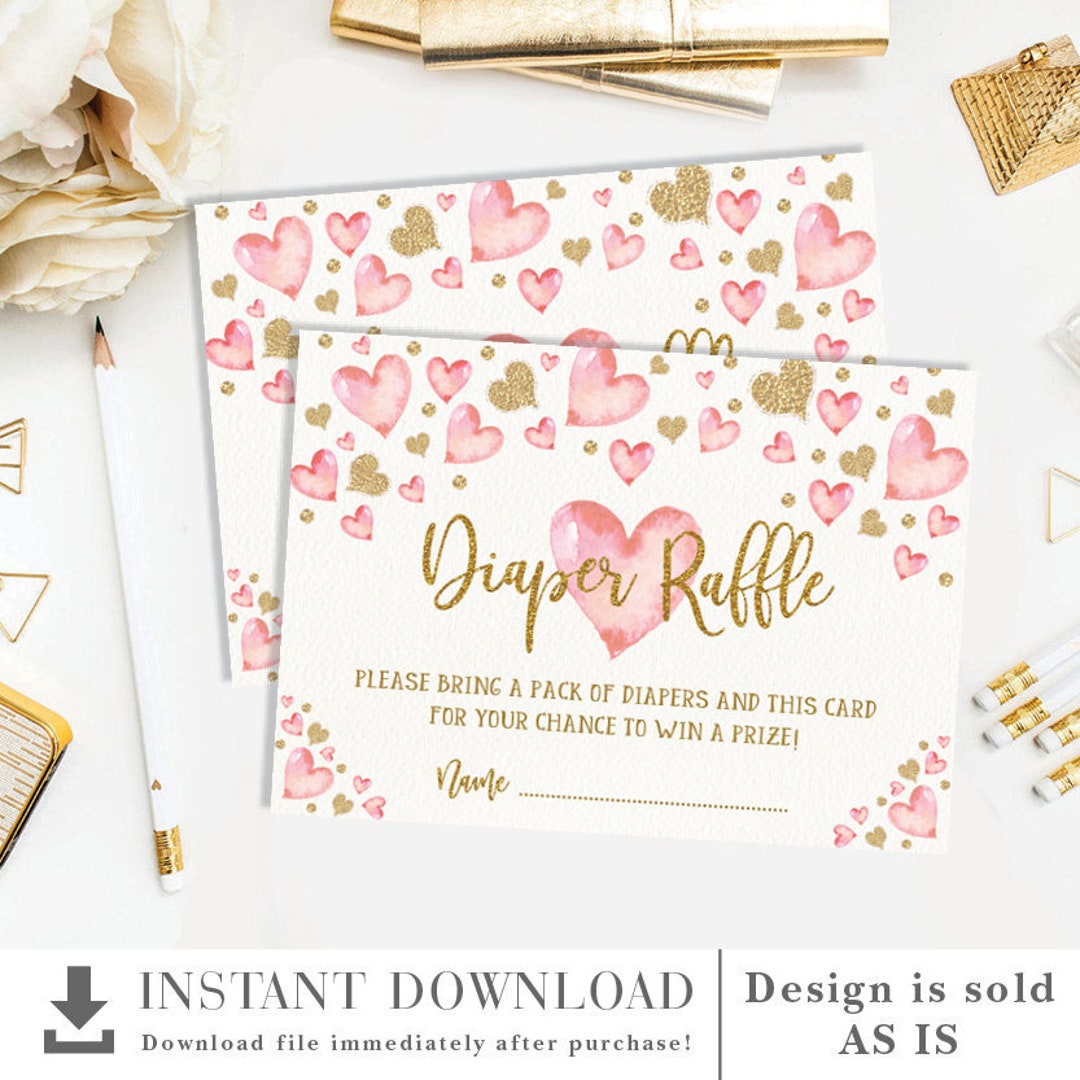 Valentines Diaper Raffle. Pink Gold Hearts Baby Shower Printable ...