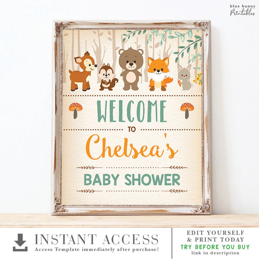 EDITABLE Woodland Welcome Sign. Woodland Animals Baby Shower Decoration ...