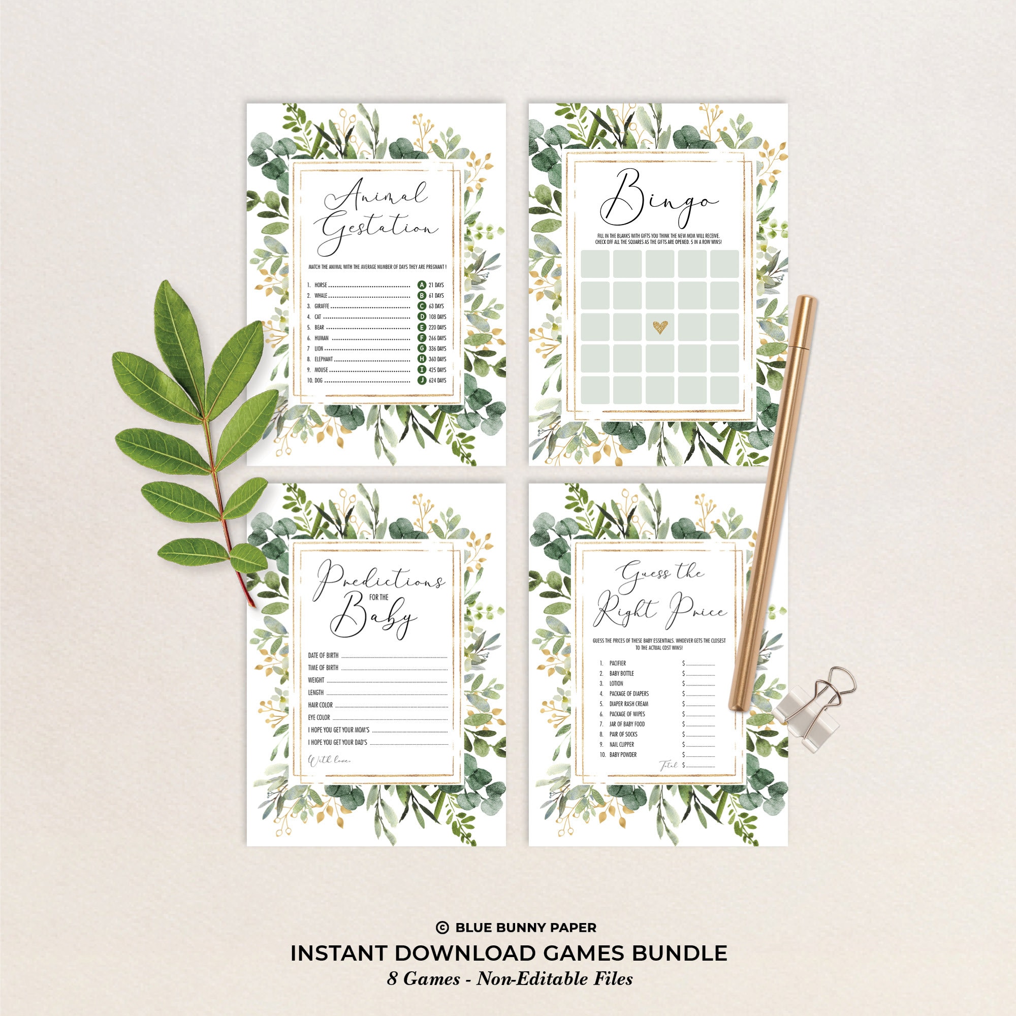 Greenery Baby Shower GAMES BUNDLE, Green Gold Botanical Printable Games ...