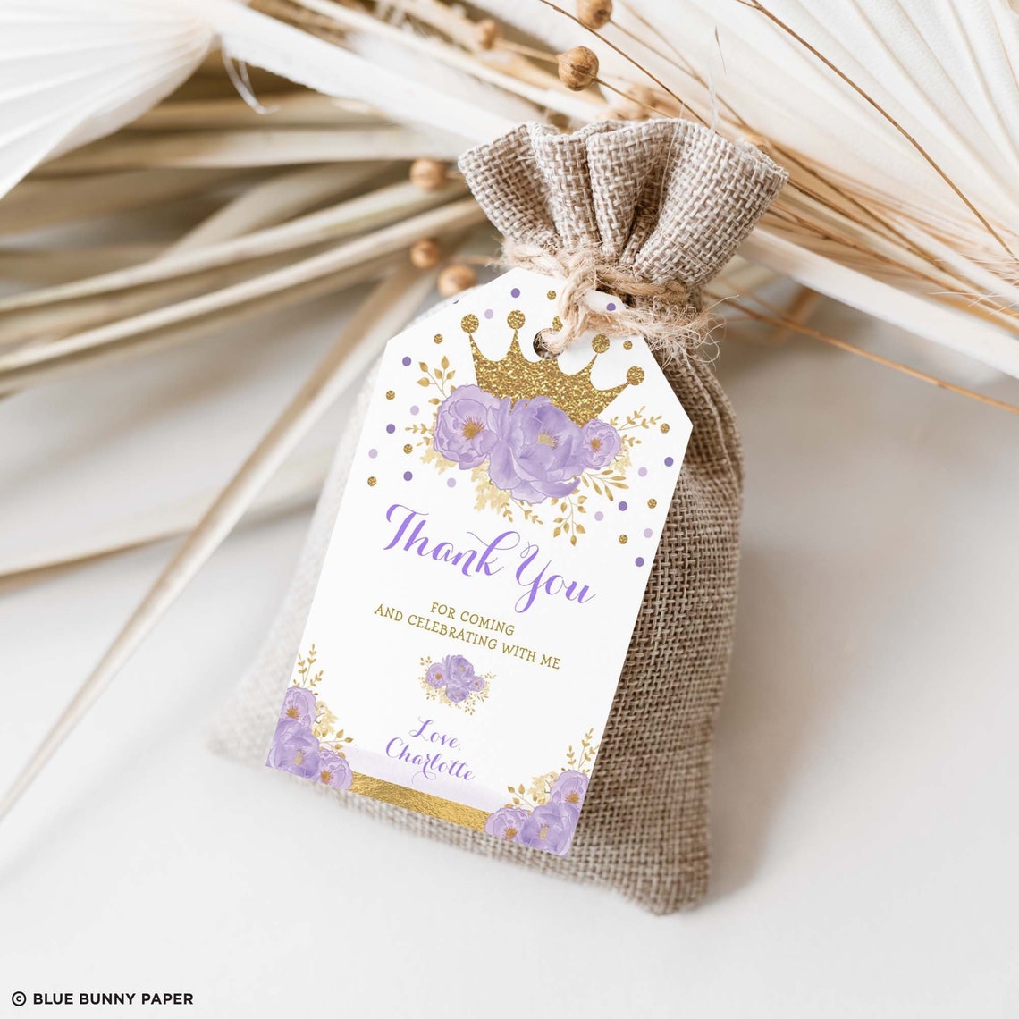 Editable Crown Princess Birthday Favor Tag Purple Floral | Etsy