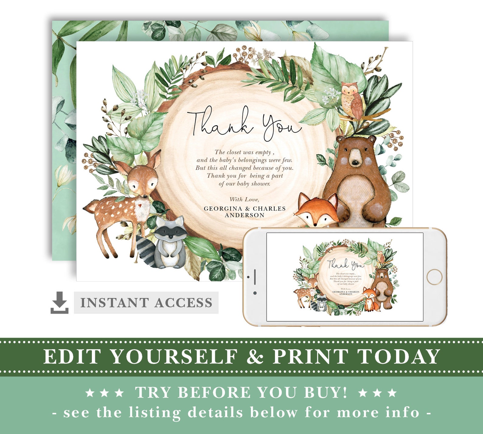 Woodland Thank You Card. Greenery Forest Animals EDITABLE TEMPLATE ...