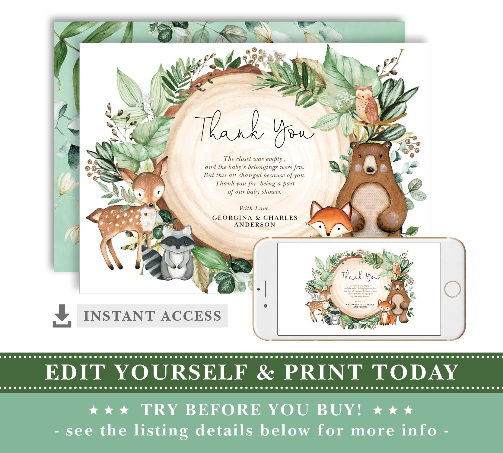 Woodland Thank You Card. Greenery Forest Animals EDITABLE - Etsy