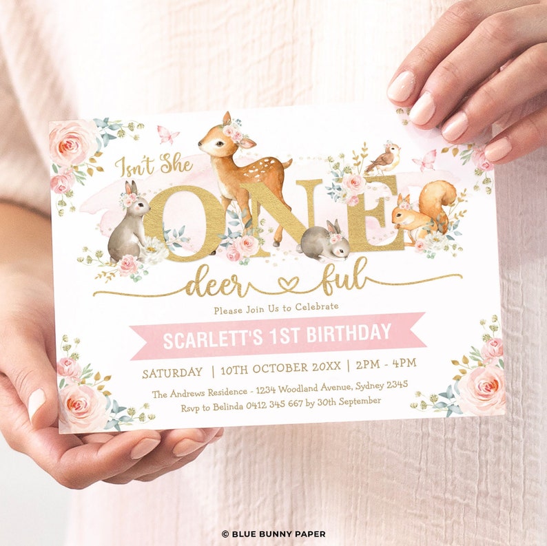 One-deer-ful Birthday Invitation, Blush Floral Woodland Deer 1st ...