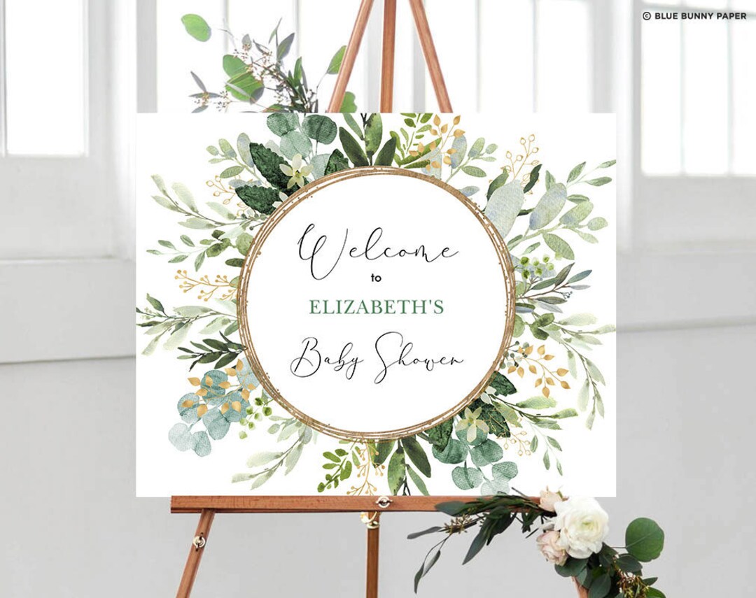 Editable Greenery Baby Shower Welcome Sign. Botanical Green Gold Leaves ...