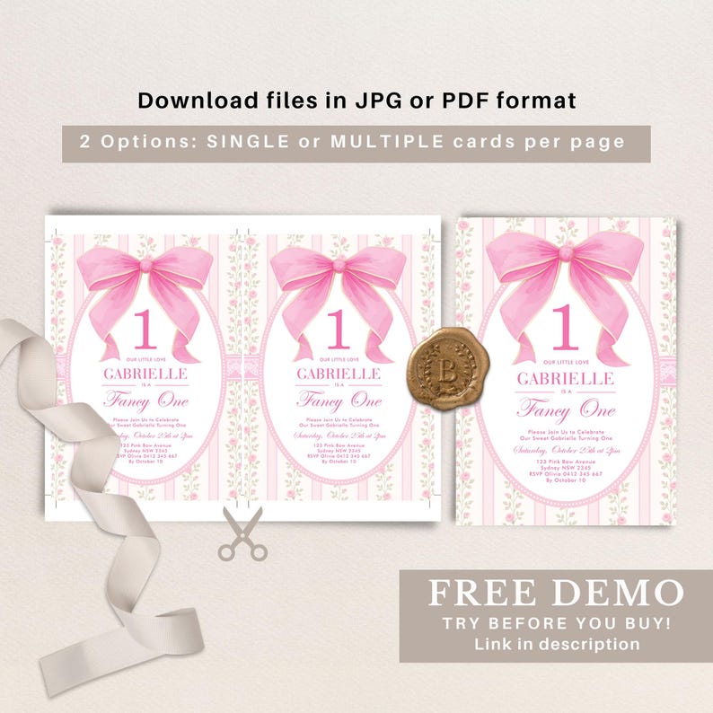 Vintage Pink Bow 1st Birthday Invitation: Coquette Floral Fancy One ...