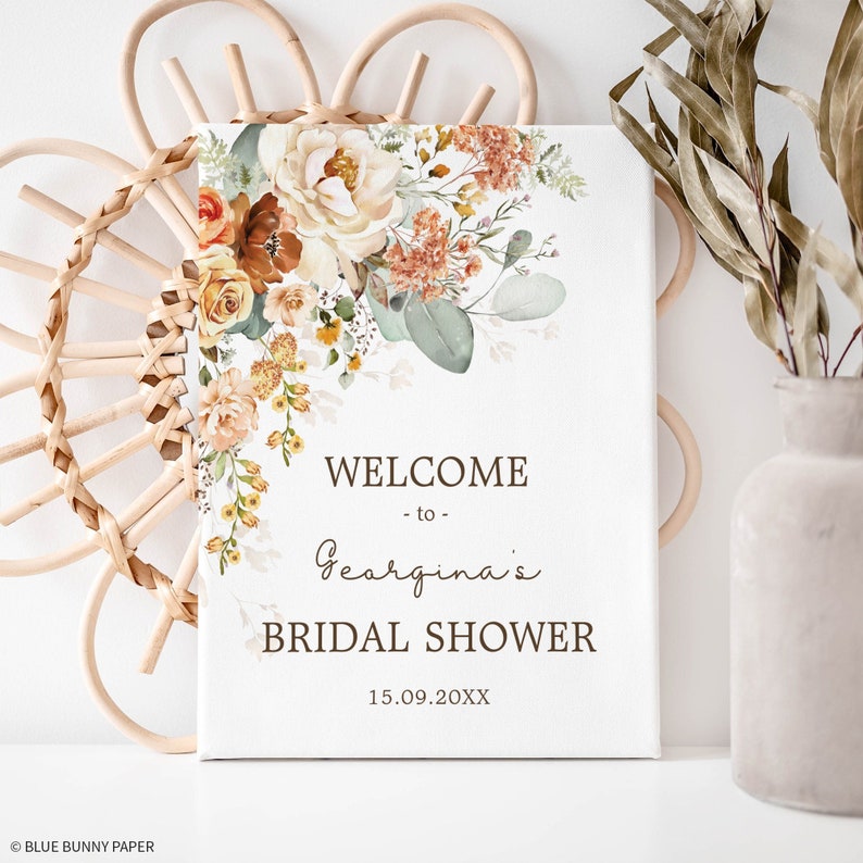 Rustic Boho Floral Bridal Shower Welcome Sign Burnt Orange Flower ...