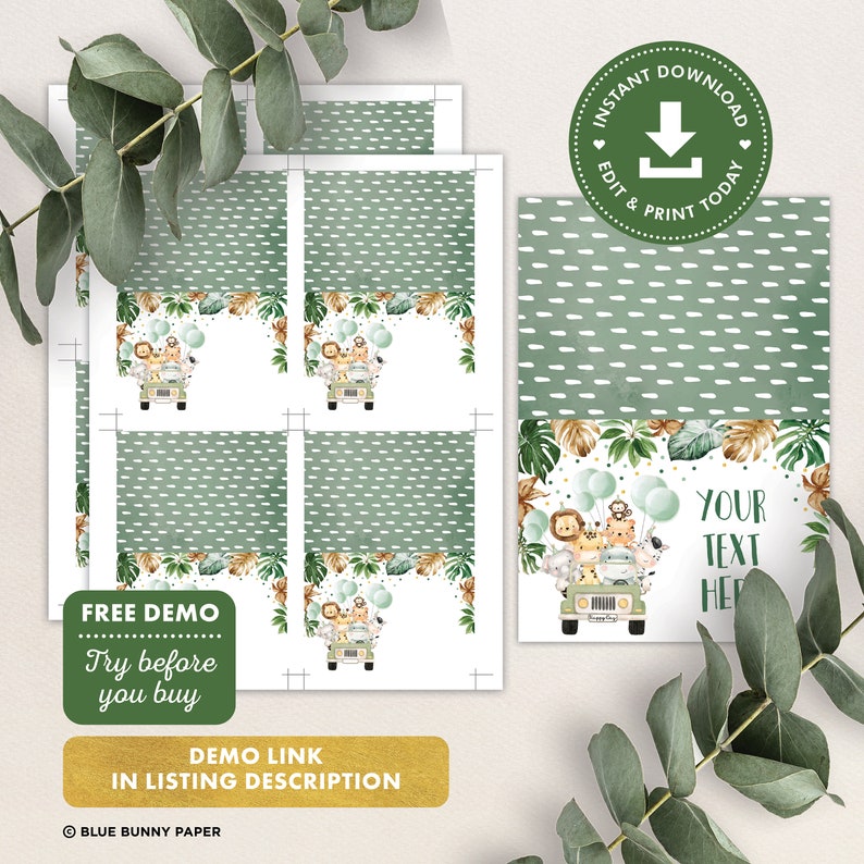 Greenery Safari Editable Place Cards. Jungle Animals Baby Shower ...