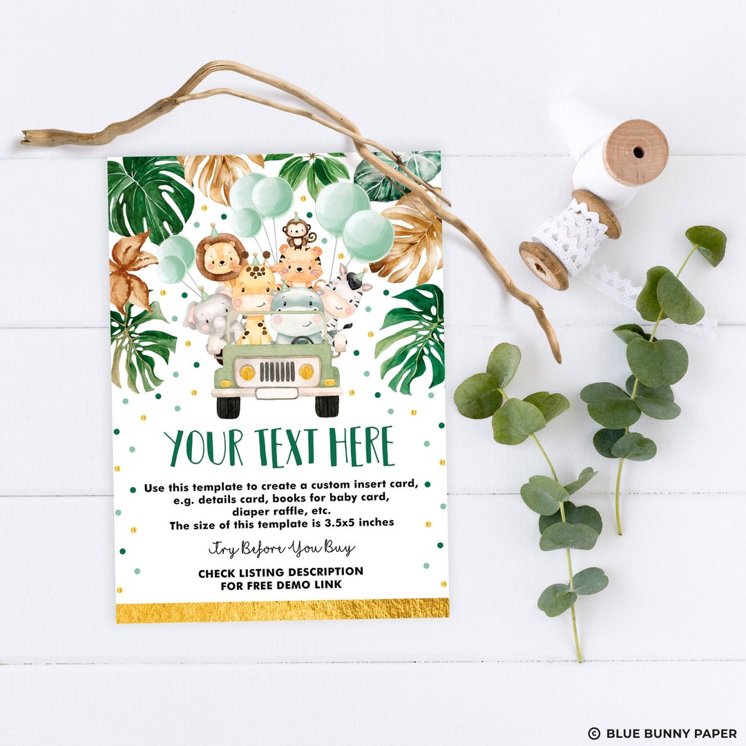EDITABLE Jungle Insert Card Template, Safari Wild Animals Baby Shower ...