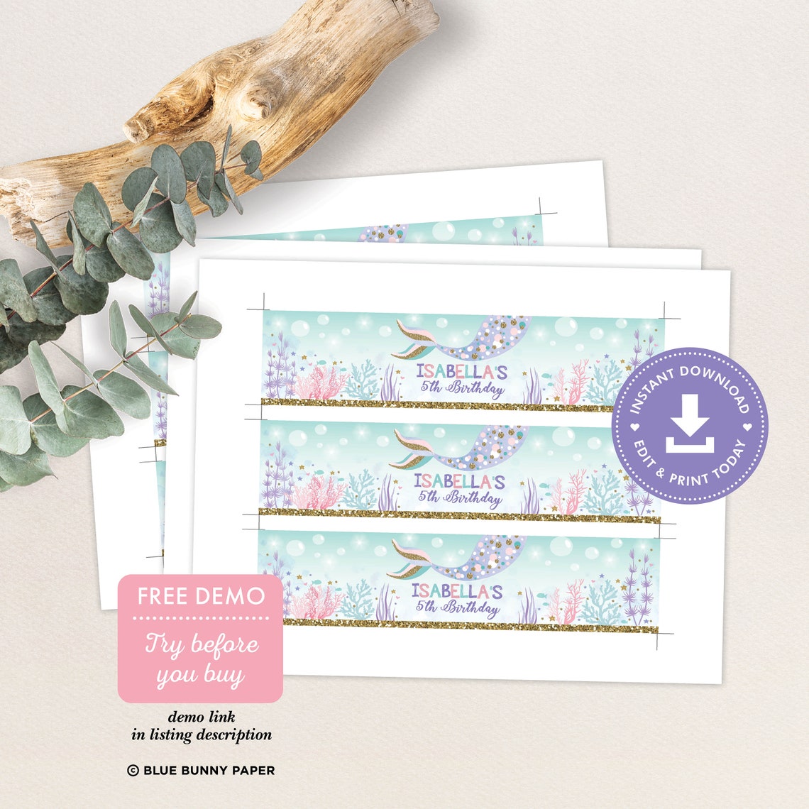 EDITABLE Mermaid Water Bottle Label Under the Sea Creatures Birthday ...