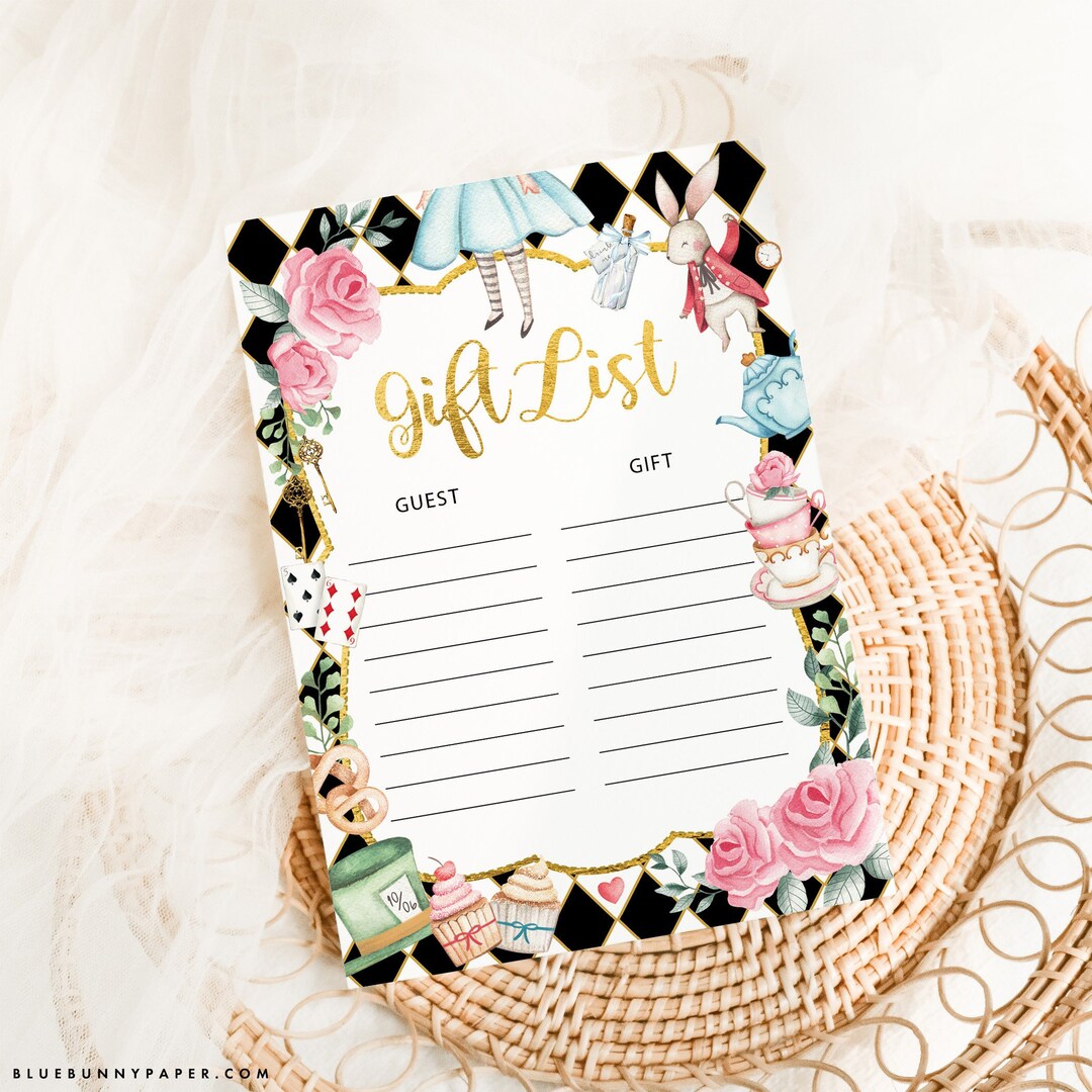 Gift List Printable Card, Alice in Wonderland Baby Shower, Onederland ...