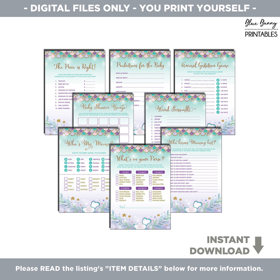 Mermaid BABY SHOWER Games Package. 8x Purple Silver Gold Mint Sea Ocean ...