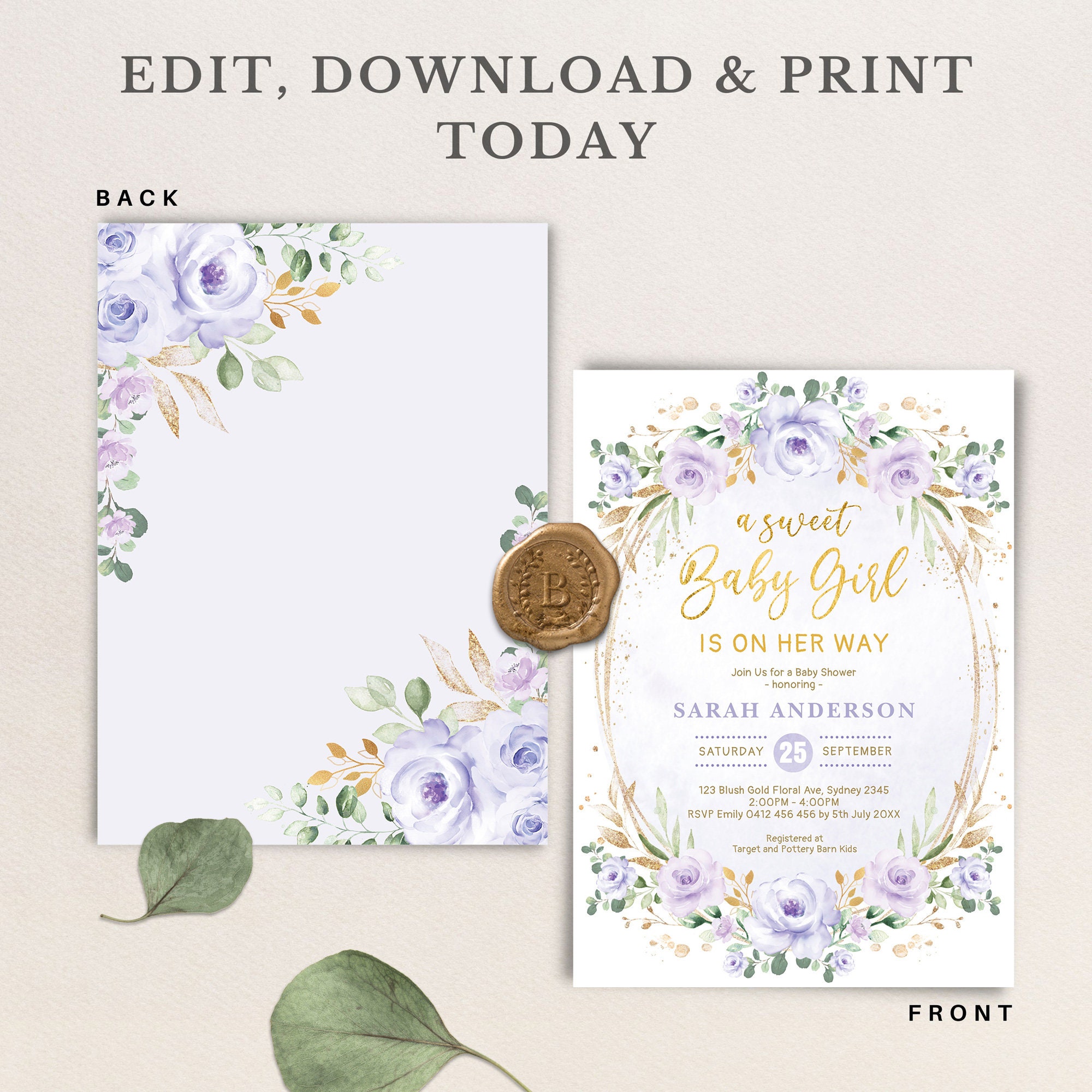 Purple Floral Baby Shower Invitation, Sweet Baby Girl Printable Invite, Watercolor Rose Garden ...