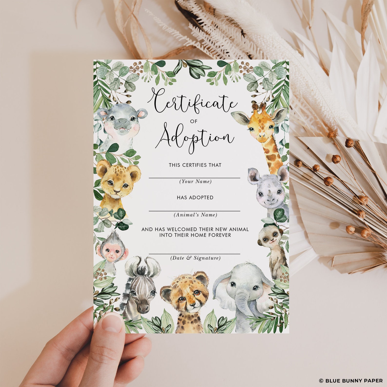 Adopt an Animal, Adoption Certificate, Safari Animals Wild One Birthday ...