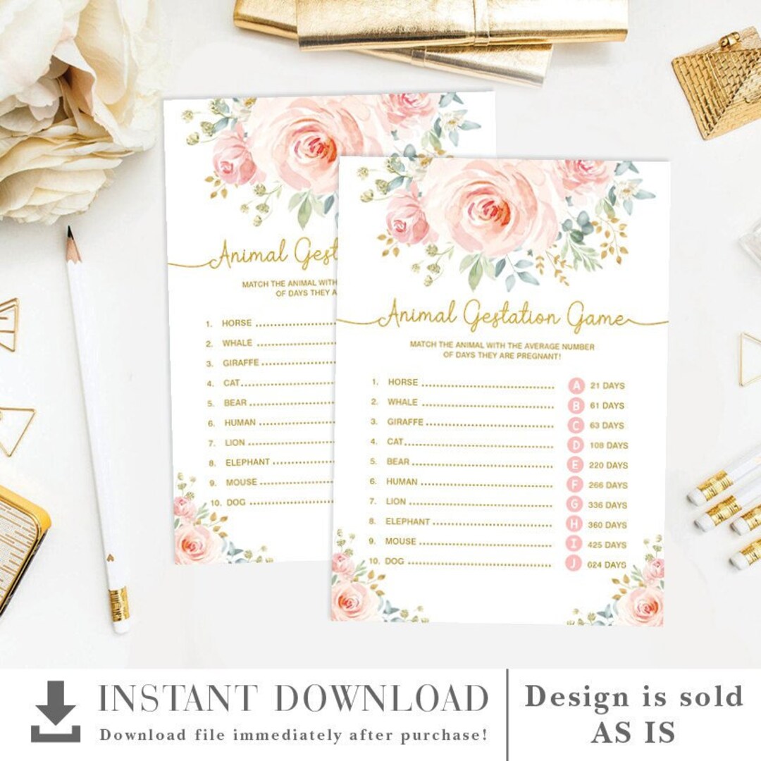 Blush Floral Baby Shower Game. Animal Pregnancy Watercolor Pink Gold ...